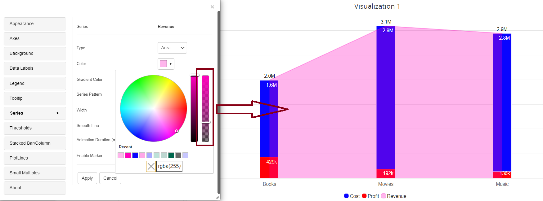 Color Picker with Opacity | VitaraCharts - Custom visuals plugin for MicroStrategy - Documentation