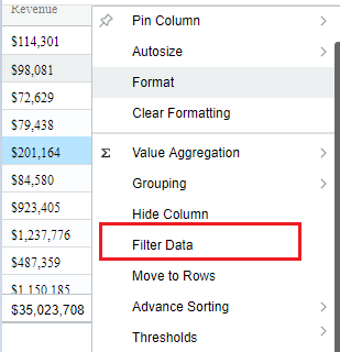 Filter Data | VitaraCharts - Custom visuals plugin for MicroStrategy - Documentation